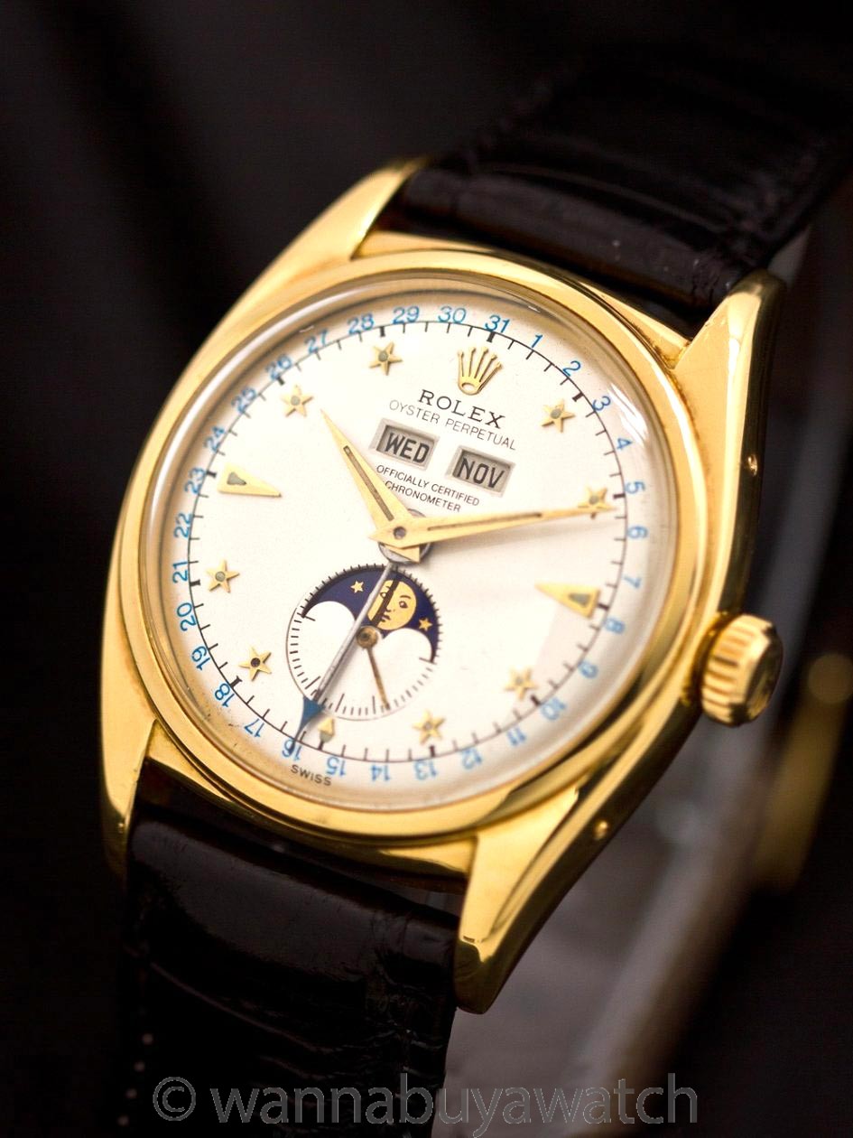 Rolex ref 6062 Oyster Moonphase Star Dial "Stelline" 18K YG circa 1950's